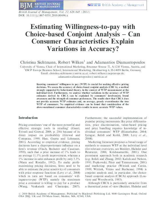 (PDF) Estimating Willingness-to-pay with Choice-based Conjoint Analysis - Can Consumer ...