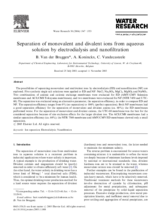 (PDF) Separation of monovalent and divalent ions from aqueous solution ...