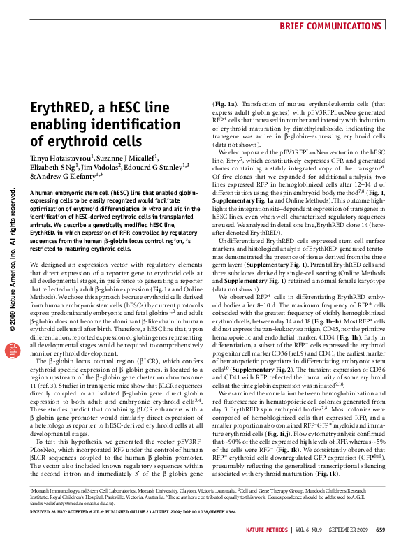 (PDF) ErythRED, a hESC line enabling identification of erythroid cells