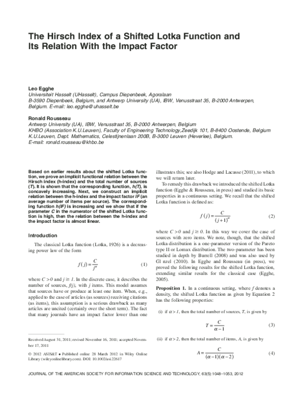 (PDF) The Hirsch index of a shifted Lotka function and its relation ...