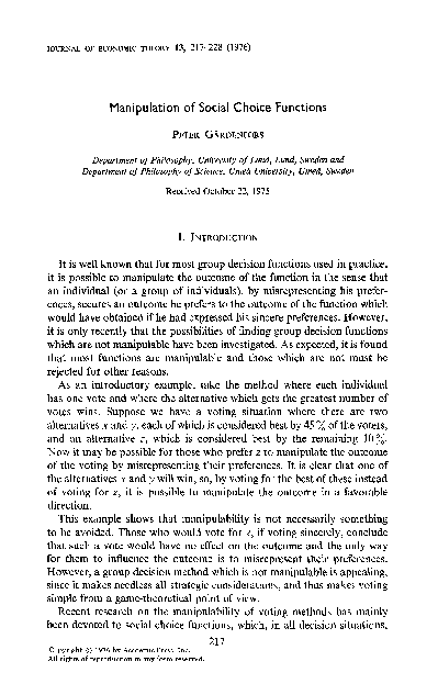 (PDF) Manipulation of social choice functions