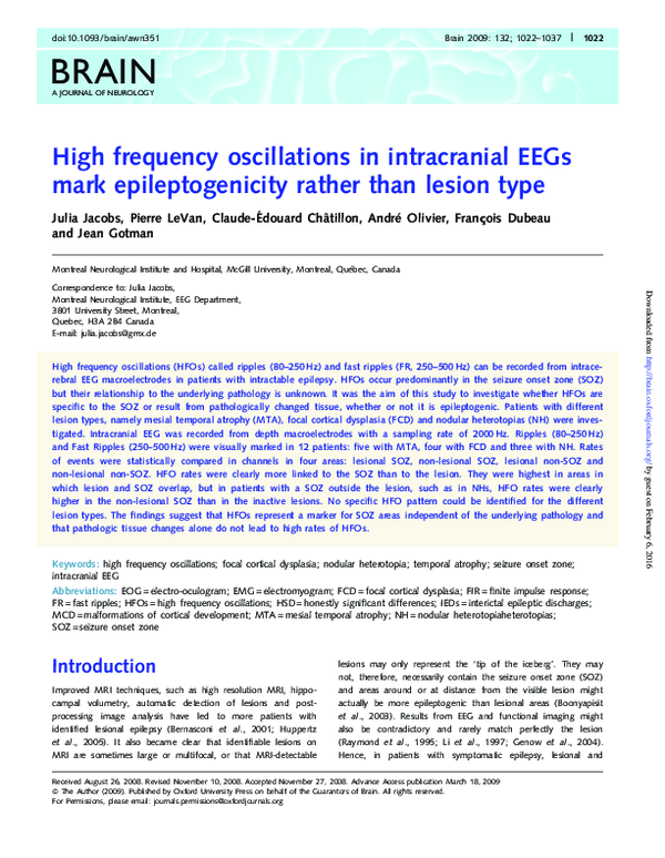 (PDF) High frequency oscillations in intracranial EEGs mark epileptogenicity rather than lesion ...