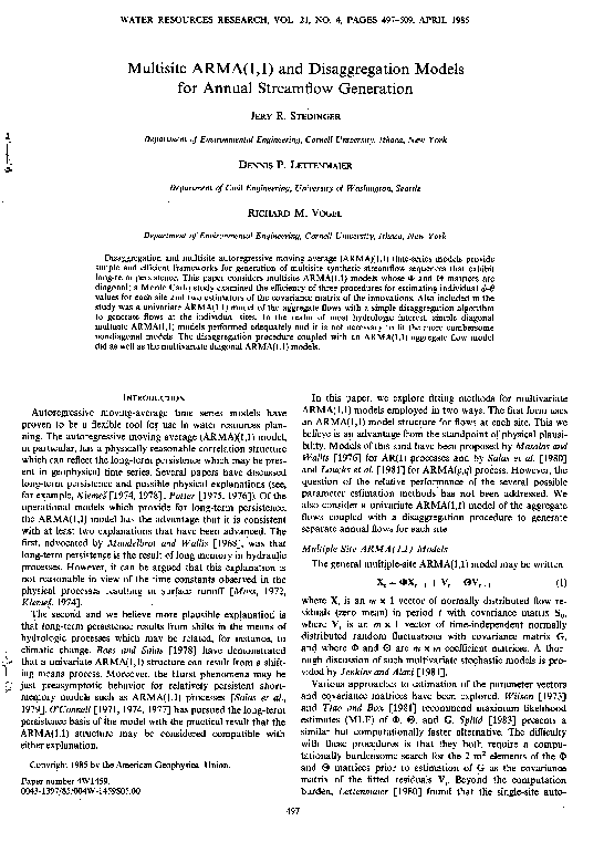 (PDF) Multisite ARMA(1,1) and Disaggregation Models for Annual Streamflow Generation