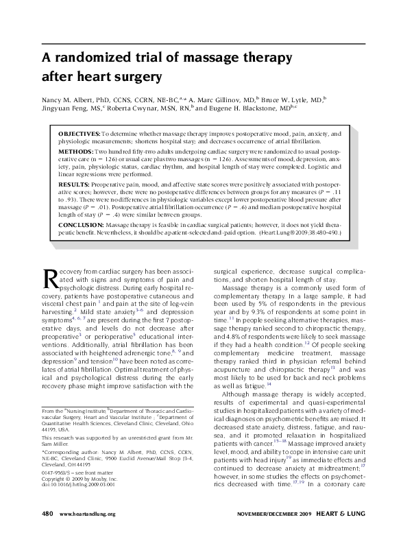 (PDF) A randomized trial of massage therapy after heart surgery