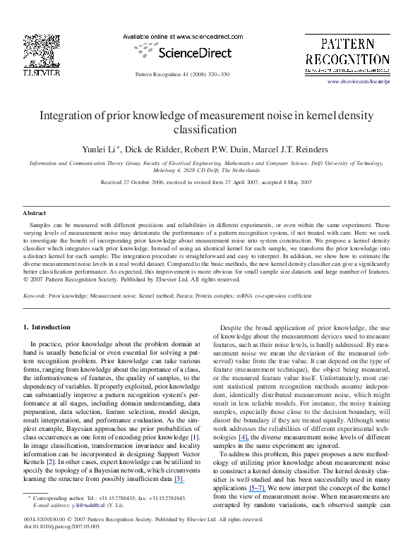 (PDF) Integration of prior knowledge of measurement noise in kernel density classification
