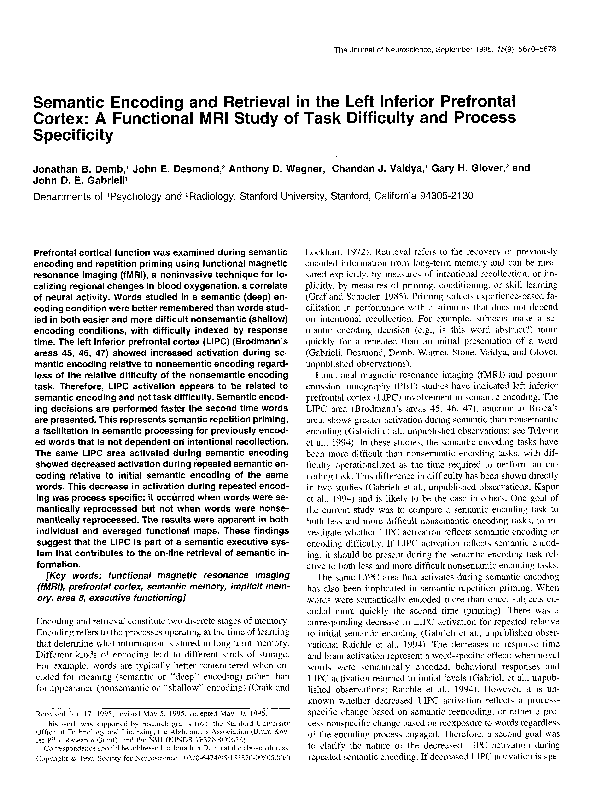 Pdf Semantic Encoding And Retrieval In The Left Inferior Prefrontal Cortex A Functional Mri