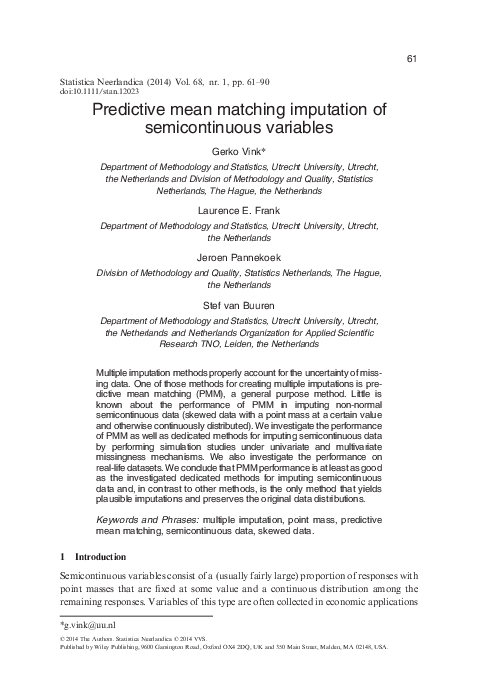 Pdf Predictive Mean Matching Imputation Of Semicontinuous Variables Jeroen Pannekoek