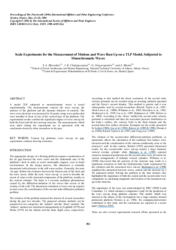 (PDF) SCALE EXPERIMENTS FOR THE MEASUREMENT OF MOTIONS AND WAVE RUN-UP ...