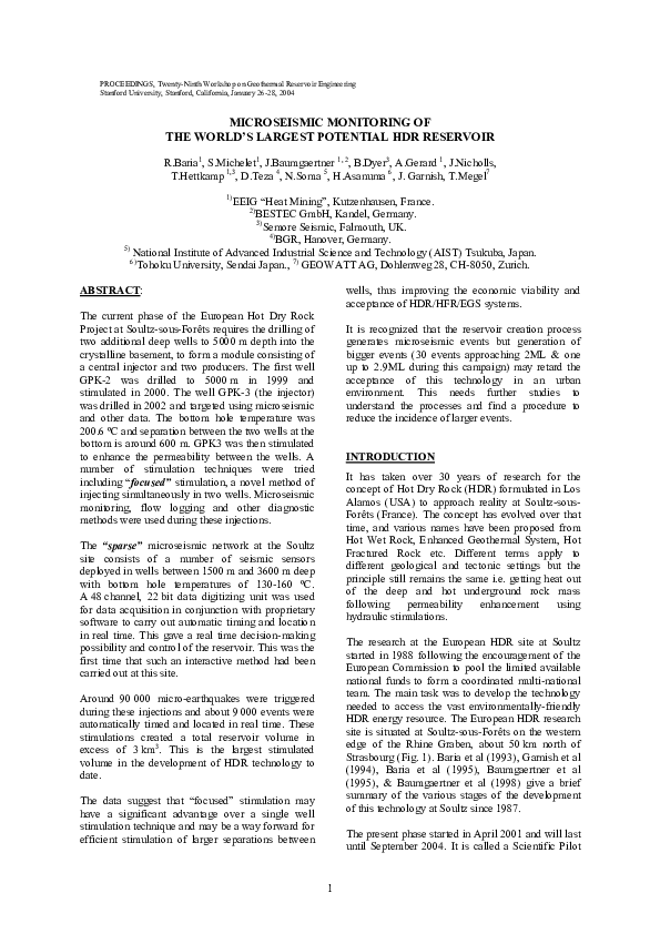 (PDF) MICROSEISMIC MONITORING OF THE WORLD'S LARGEST POTENTIAL HDR ...