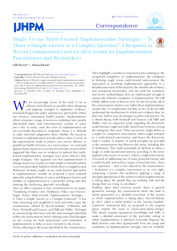 (PDF) Single Versus Multi-Faceted Implementation Strategies – Is There a Simple Answer to a ...