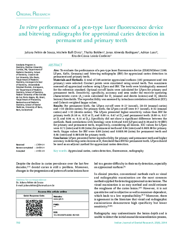 Pdf In Vitro Performance Of A Pen Type Laser Fluorescence Device And Bitewing Radiographs For