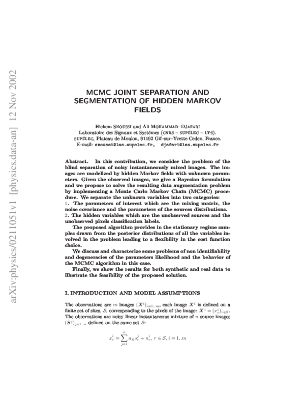 (PDF) MCMC joint separation and segmentation of hidden Markov fields