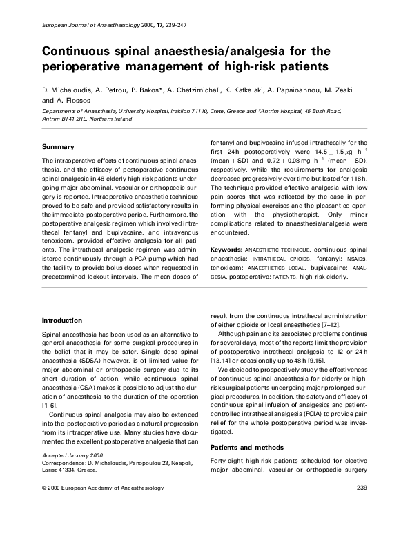 (PDF) Continuous spinal anaesthesia/analgesia for the perioperative ...