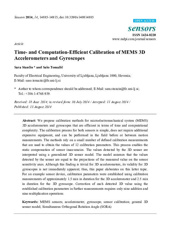 (PDF) Time- and Computation-Efficient Calibration of MEMS 3D Accelerometers and Gyroscopes