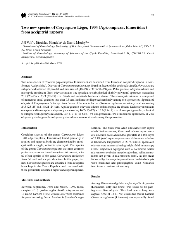 Pdf Two New Species Of Caryospora Léger 1904 Apicomplexa