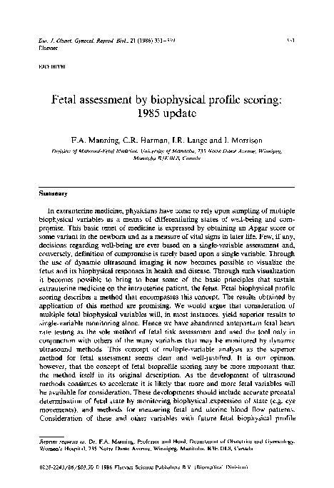(PDF) Fetal assessment by biophysical profile scoring: 1985 update