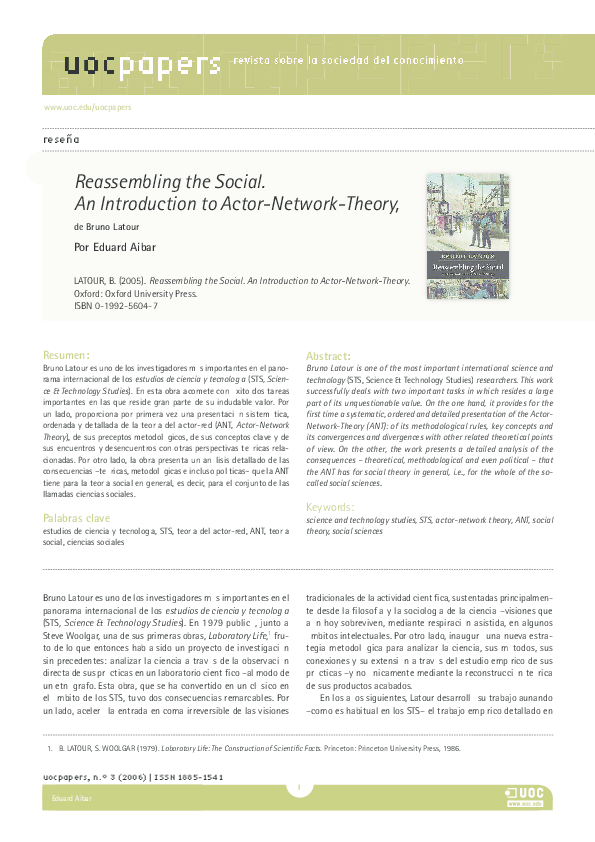 (PDF) Reassembling the Social – An Introduction to Actor Network Theory