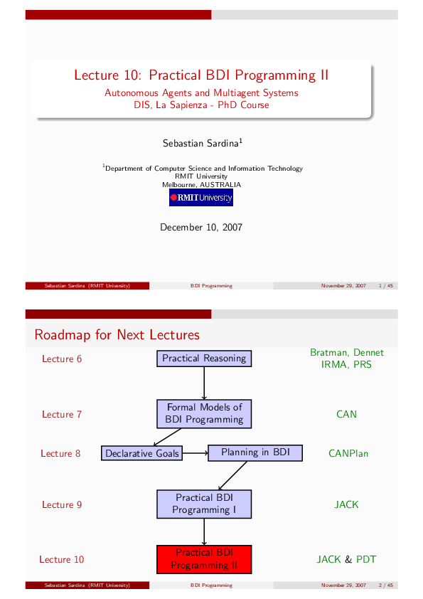 Pdf Lecture 10 Practical Bdi Programming Ii Autonomous Agents And Multiagent Systems Dis La