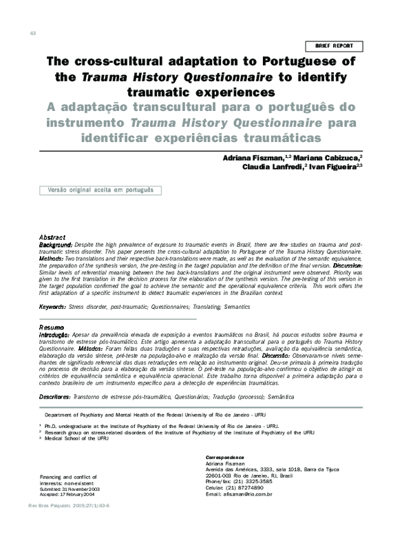 (PDF) The cross-cultural adaptation to Portuguese of the Trauma History ...