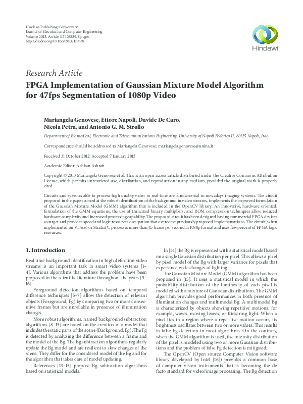 Pdf Fpga Implementation Of Gaussian Mixture Model Algorithm For 47 Fps Segmentation Of 1080p