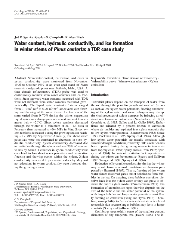 (PDF) Water content, hydraulic conductivity, and ice formation in winter stems of Pinus contorta ...