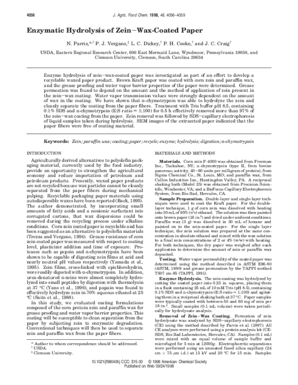 (PDF) Enzymatic Hydrolysis of Zein−Wax-Coated Paper