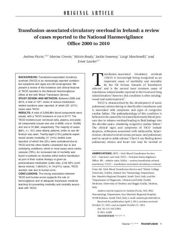 (PDF) Transfusion-associated circulatory overload and transfusion ...