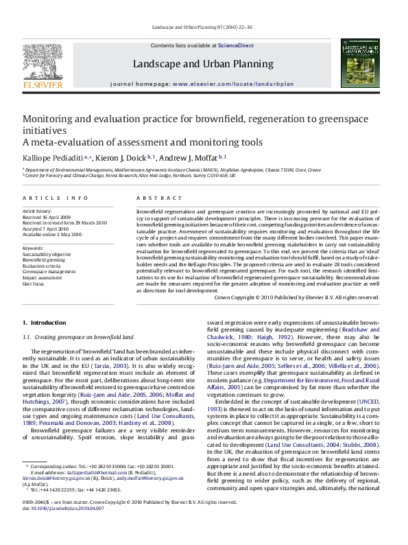 (PDF) Monitoring and evaluation practice for brownfield, regeneration to greenspace initiatives