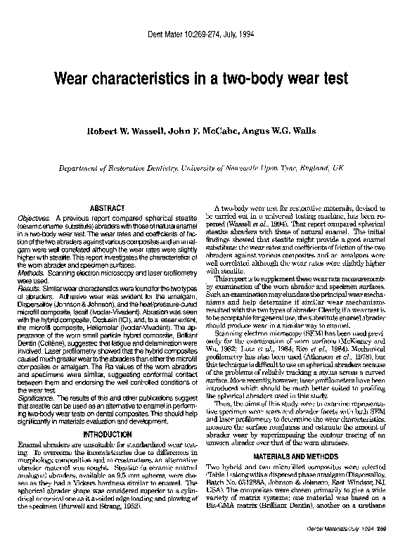(PDF) Wear characteristics in a two-body wear test