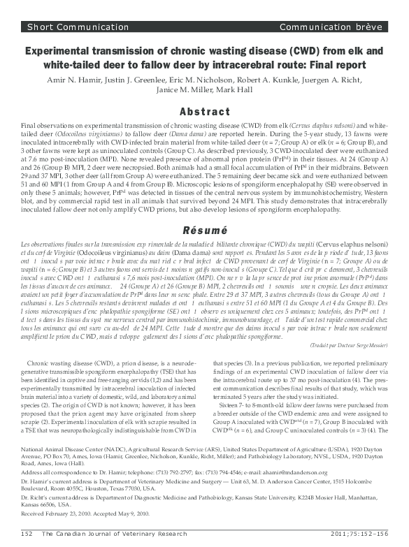 (PDF) Experimental Transmission of Chronic Wasting Disease (CWD) of Elk ...