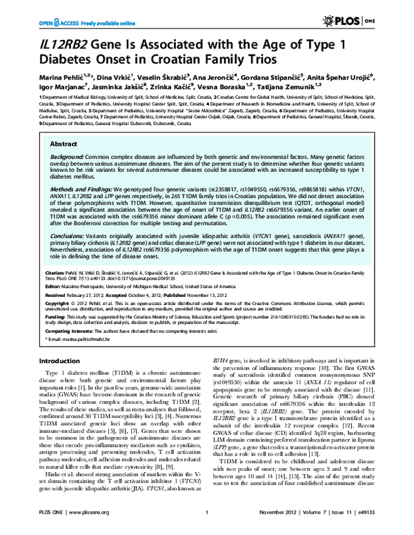 (PDF) IL12RB2 Gene Is Associated with the Age of Type 1 Diabetes Onset ...