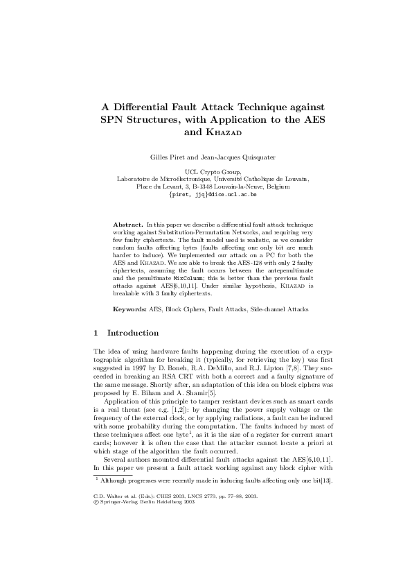 (PDF) A Differential Fault Attack Technique against SPN Structures, with Application to the AES ...