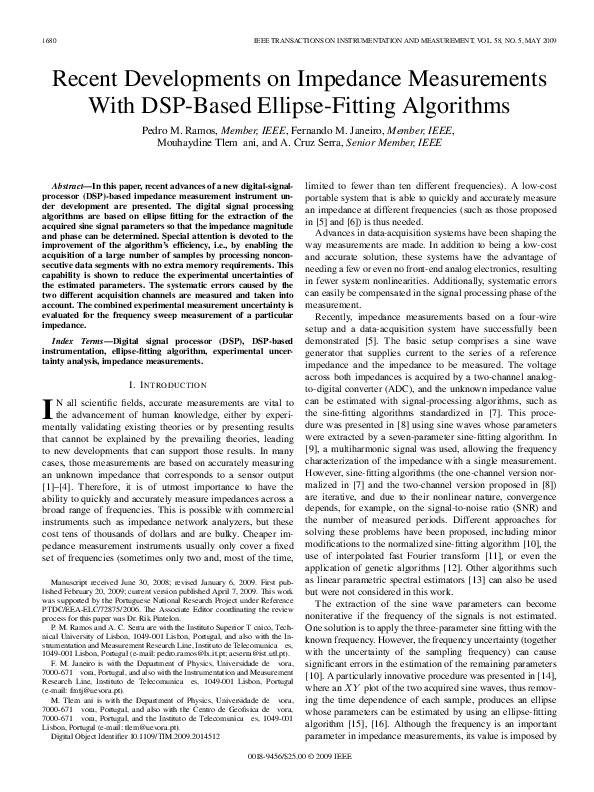 Pdf Recent Developments On Impedance Measurements With Dsp Based Ellipse Fitting Algorithms