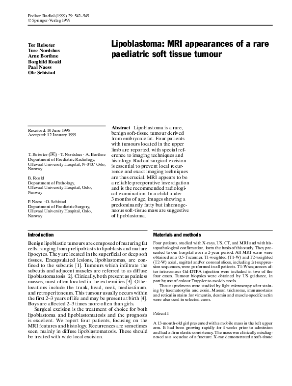 (PDF) Lipoblastoma: MRI appearances of a rare paediatric soft tissue tumour