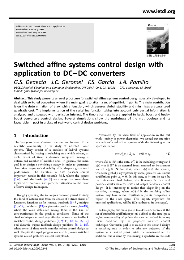 Pdf Switched Affine Systems Control Design With Application To Dc Dc