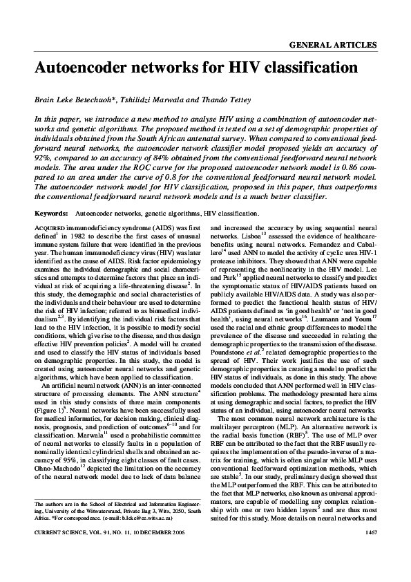 (PDF) Autoencoder networks for HIV classification