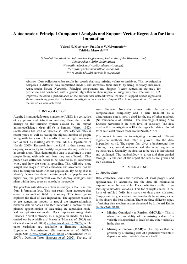 (PDF) Autoencoder, principal component analysis and support vector regression for data imputation