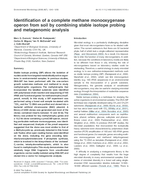 (PDF) Identification of a complete methane monooxygenase operon from ...
