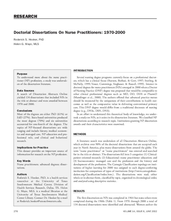 (PDF) Doctorial Dissertations On Nurse Practitioners: 1970-2000
