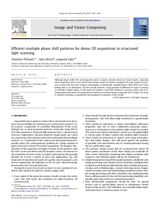 (PDF) Efficient multiple phase shift patterns for dense 3D acquisition in structured light scanning