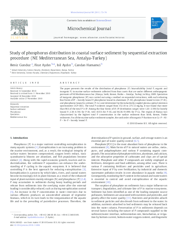 (PDF) Study of phosphorus distribution in coastal surface sediment by sequential extraction ...