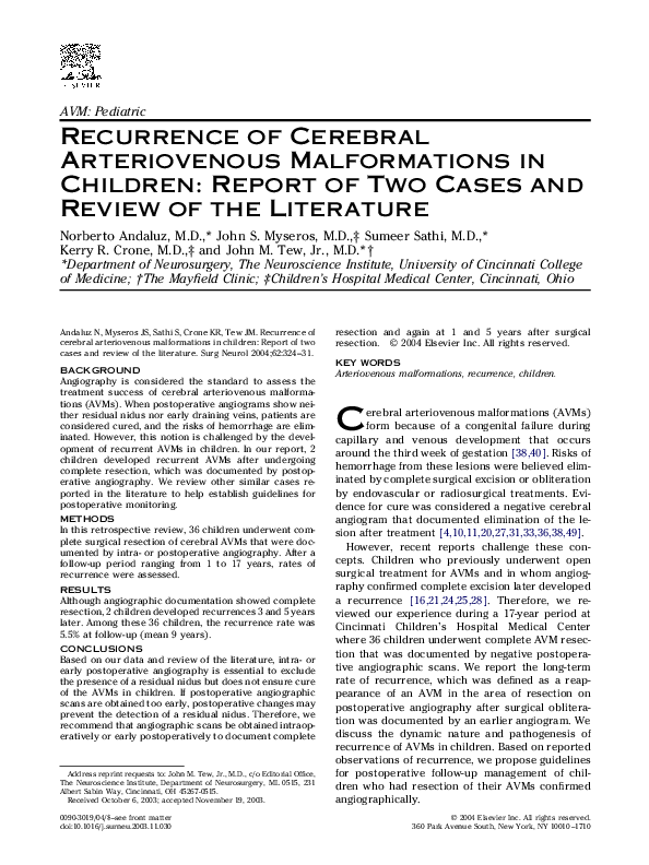(PDF) Recurrence of a Cerebral Arteriovenous Malformation after ...