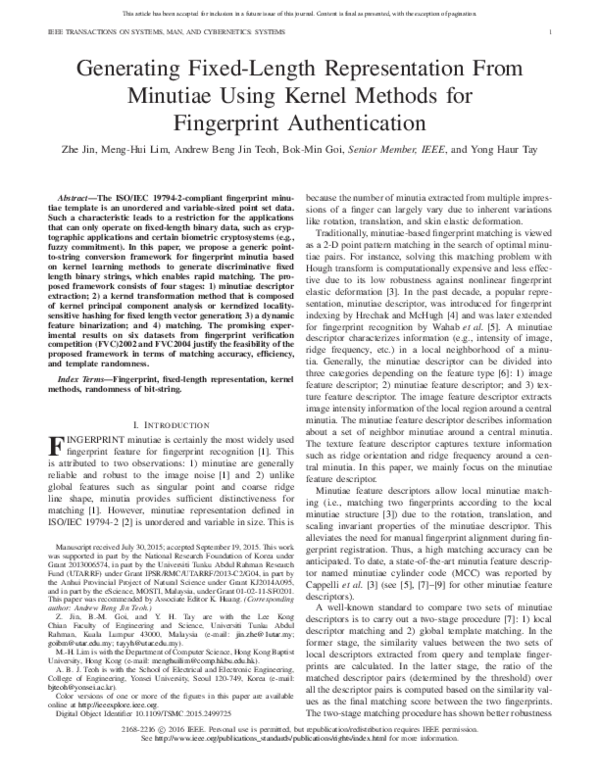Pdf Generating Fixed Length Representation From Minutiae Using Kernel Methods For Fingerprint