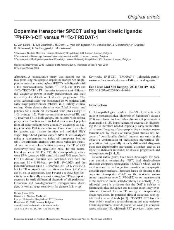 (PDF) Dopamine transporter SPECT using fast kinetic ligands: 123I-FP ...