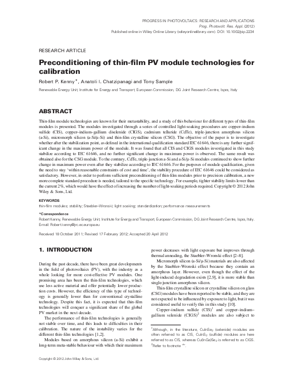 (PDF) Preconditioning of thin-film PV module technologies for calibration