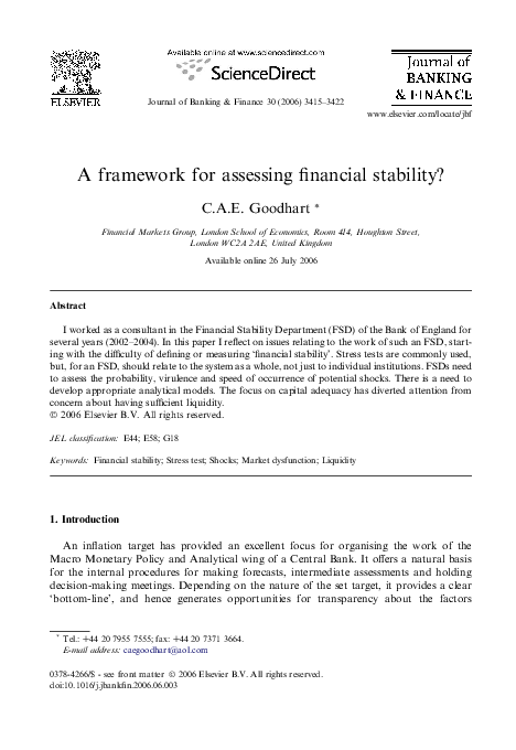 (PDF) A framework for assessing financial stability?