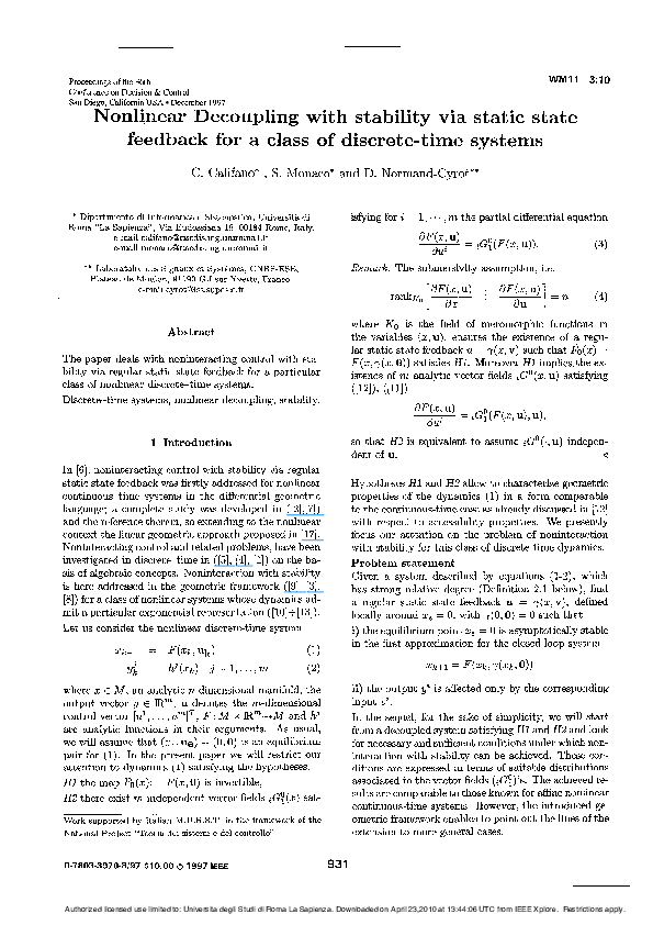 (PDF) Nonlinear decoupling with stability via static state feedback for a class of discrete-time ...
