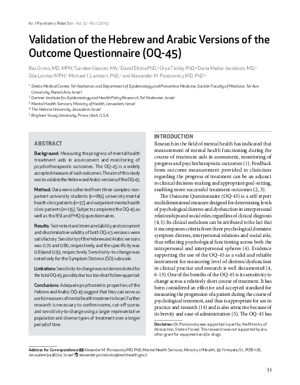 (PDF) Validation of the Hebrew and Arabic Versions of the Outcome ...