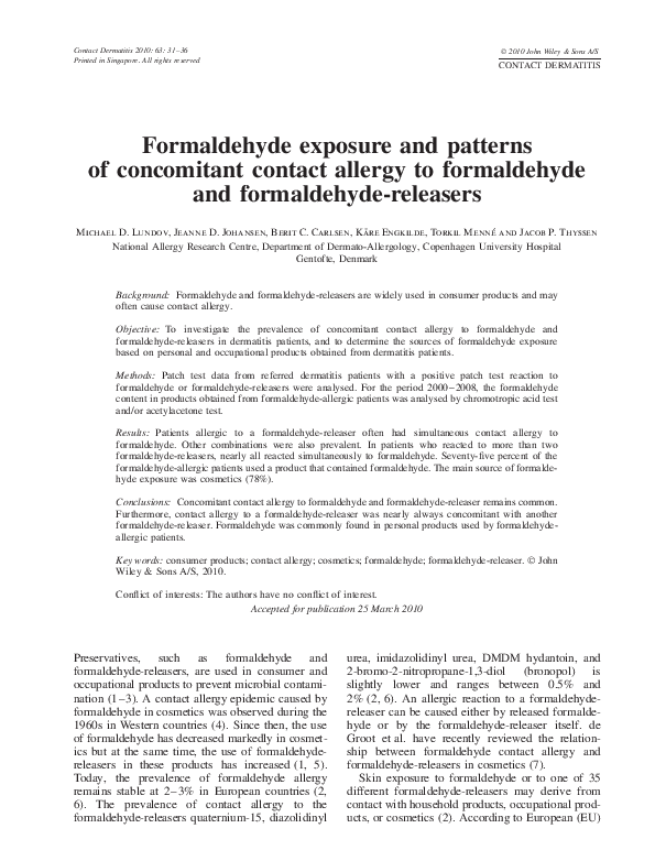 (PDF) Formaldehyde exposure and patterns of concomitant contact allergy ...