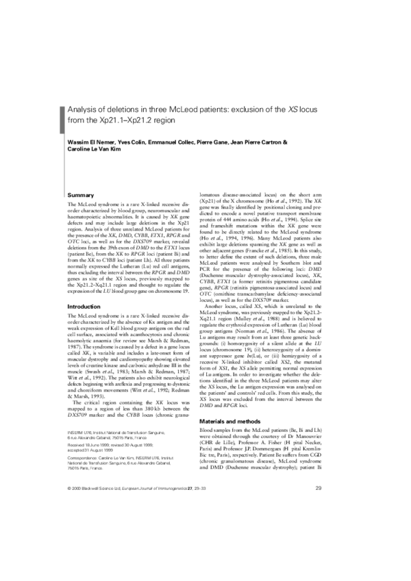 (PDF) Analysis of deletions in three McLeod patients: exclusion of the ...